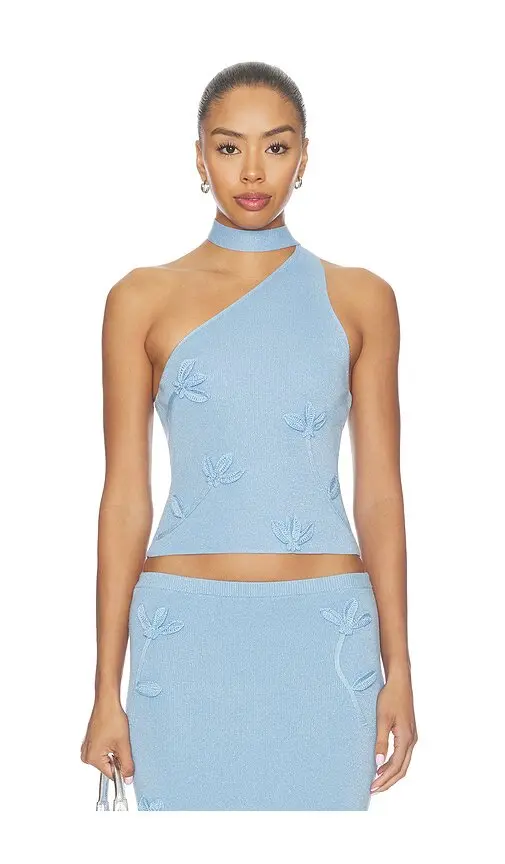 Majorelle Kaidyn One Shoulder Flower Embroidered Top In Blue - Metallic Blue