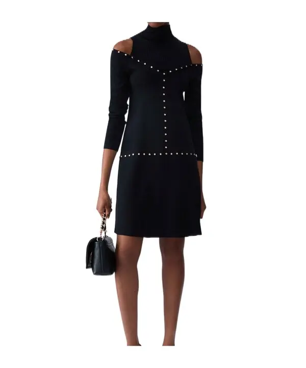 Liu Jo Ribbed High Neck Cold Shoulder Dress With Rhinestone Embellishment