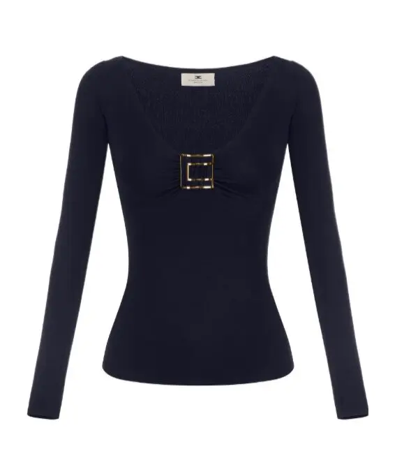 Elisabetta Franchi Top In Jersey Fabric With Jewel Logo Detail - Midnight Blue