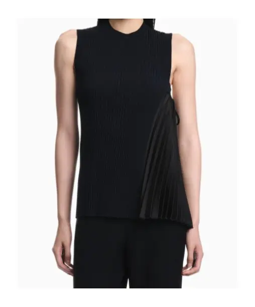 Emporio Armani Ribbed-knit Asymmetric Top With Pleated Satin Side Panel