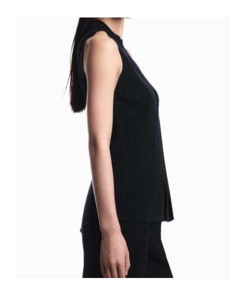 Emporio Armani Ribbed-knit Asymmetric Top With Pleated Satin Side Panel