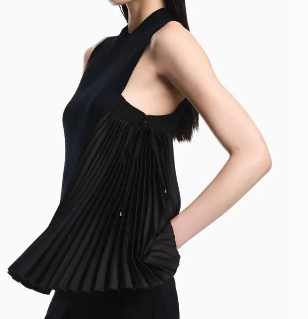Emporio Armani Ribbed-knit Asymmetric Top With Pleated Satin Side Panel
