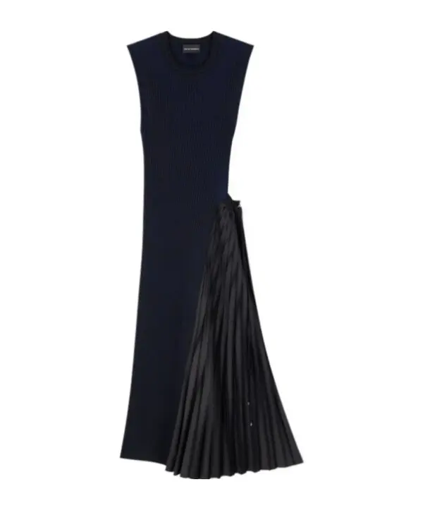 Emporio Armani Long Viscose Dress With Pleated Side Insert And Drawstring - Black