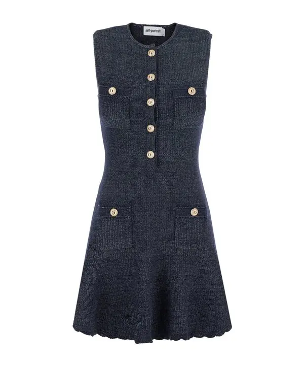 SELF-PORTRAIT Sleeveless Textured Knit Mini Dress - Navy Blue