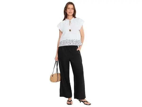 Vince Camuto Ruffle-trimmed V-neck Top With Tasseled Ties And Border Print - Black
