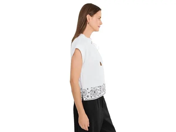 Vince Camuto Ruffle-trimmed V-neck Top With Tasseled Ties And Border Print - Black