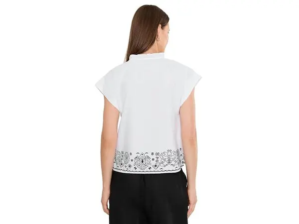 Vince Camuto Ruffle-trimmed V-neck Top With Tasseled Ties And Border Print - Black