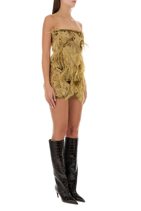 Attico Off-the-shoulder Lace And Mesh Mini Dress With Feather Embellishments - Green