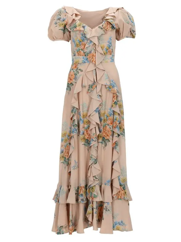 Alexander McQueen Floral Print Ruched Silk Dress - Cream