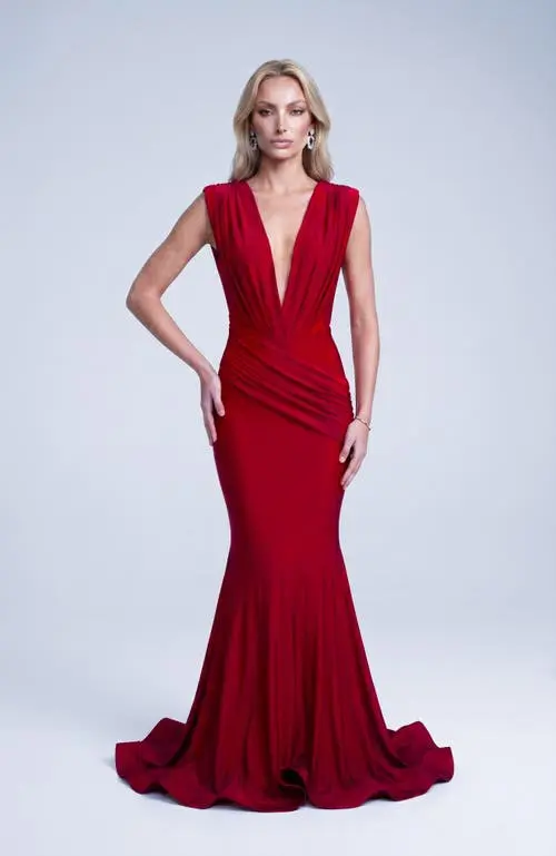 JESSICA ANGEL Ruched Plunge Neck Strappy Back Mermaid Evening Gown - Red