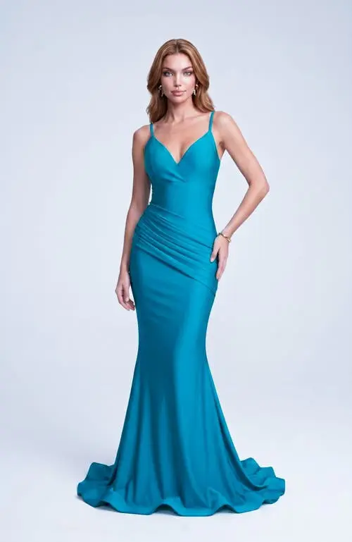 JESSICA ANGEL Ruched Plunge Neck Strappy Back Mermaid Evening Gown - Turquoise