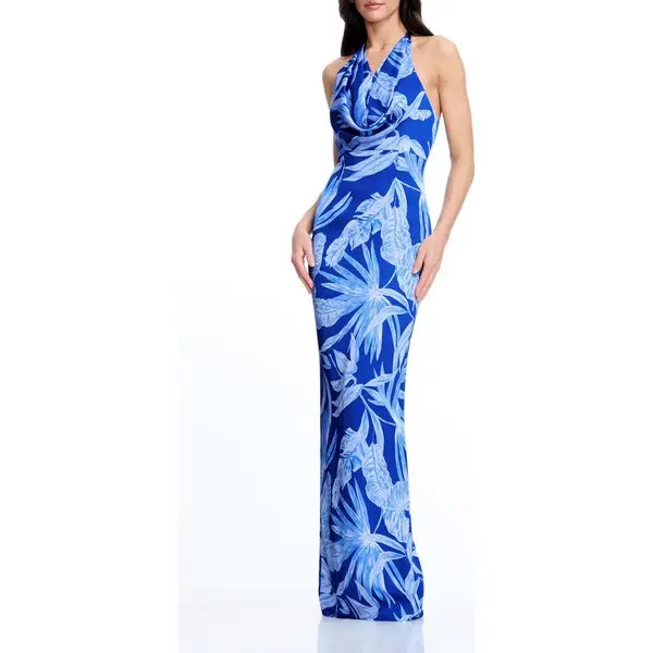 Dress The Population Solana Tropical Print Halter Gown - Navy Multi