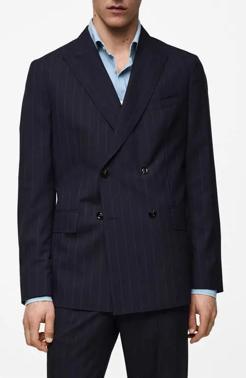 Mango Double Breasted Pinstripe Virgin Wool Blazer - Dark Navy