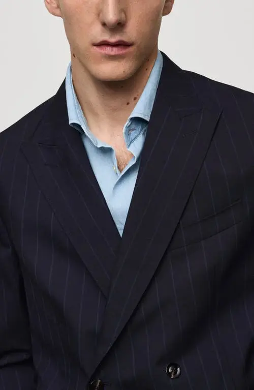 Mango Double Breasted Pinstripe Virgin Wool Blazer