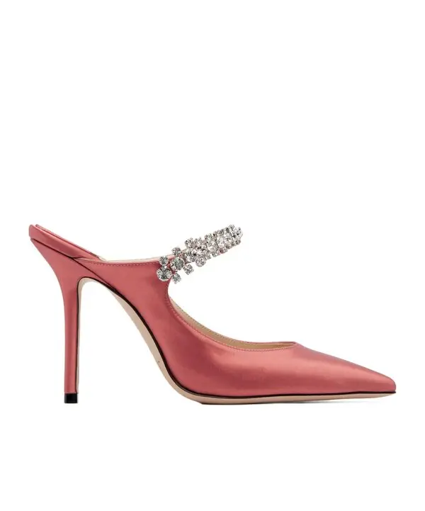 JIMMY CHOO Bing 100 Satin Pointed Toe Heels With Crystal Embellishment - Grapefruit