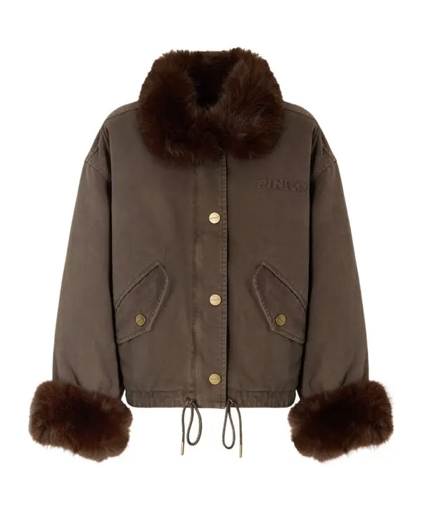 Pinko Cotton Pea Coat With Faux Fur Details - Brown