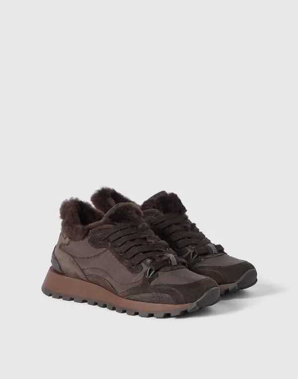 Brunello Cucinelli Suede And Techno-fabric Runners With Shearling Lining And Monili