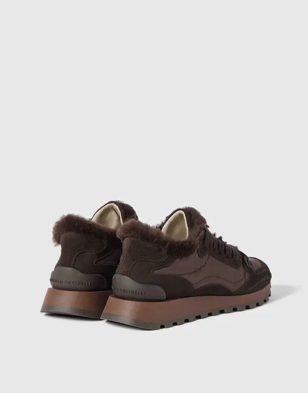 Brunello Cucinelli Suede And Techno-fabric Runners With Shearling Lining And Monili