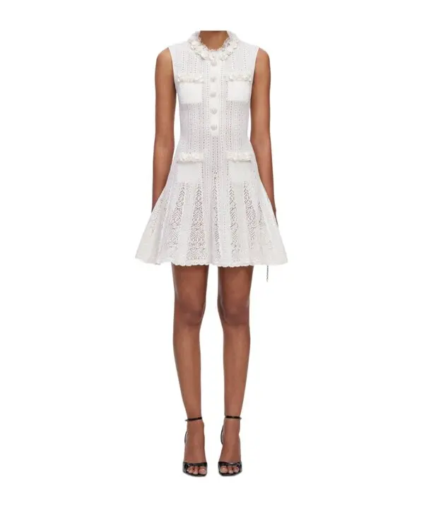 SELF-PORTRAIT Flower Trim Knit Mini Dress - White