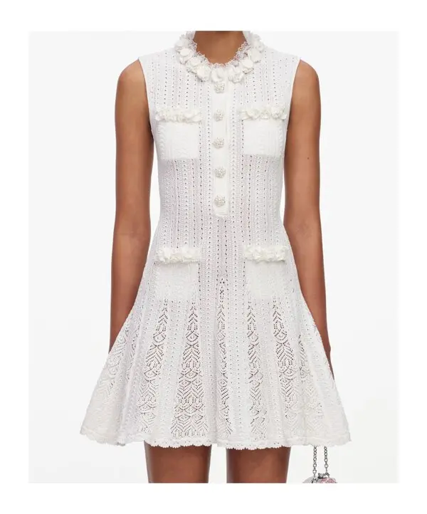 SELF-PORTRAIT Flower Trim Knit Mini Dress
