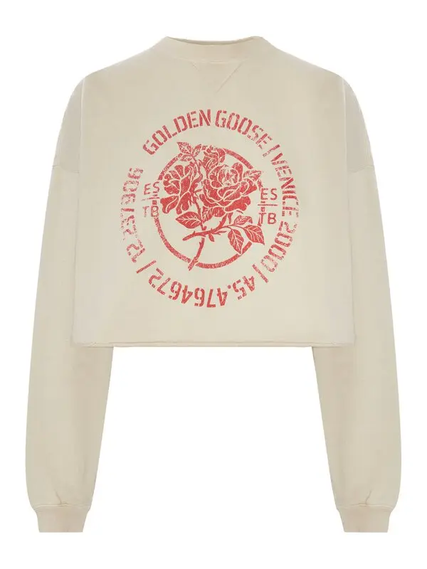 GOLDEN GOOSE Cotton Cropped Sweatshirt With Front Print - Cream