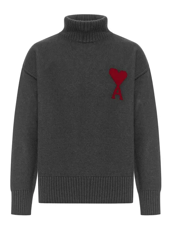 AMI Paris De Coeur Wool High Neck Sweater - Gray