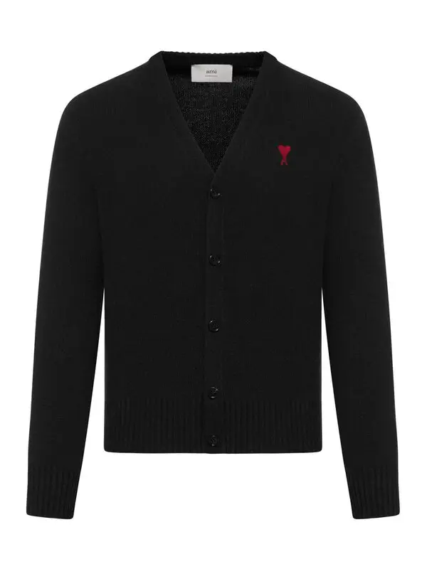 AMI Paris V-neck Knit Cardigan With Embroidered Logo - Black