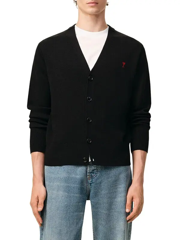 AMI Paris V-neck Embroidered Logo Knit Cardigan