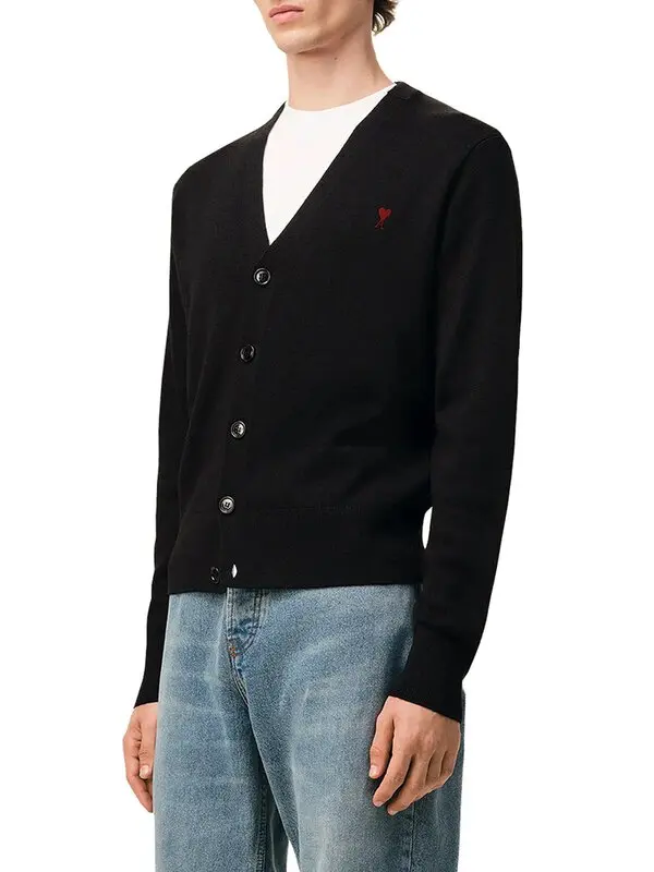 AMI Paris V-neck Embroidered Logo Knit Cardigan
