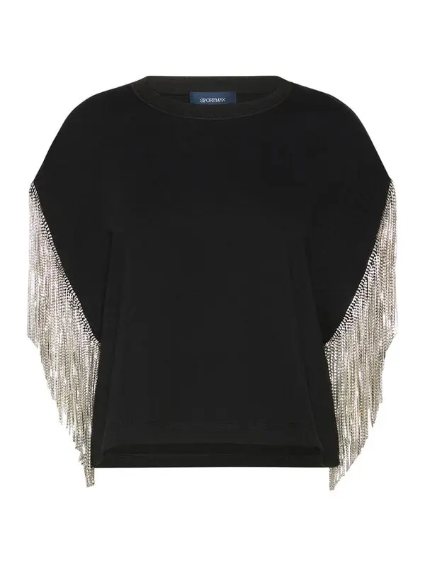 Sportmax Boxy Cotton T-shirt With Rhinestone Fringe - Black