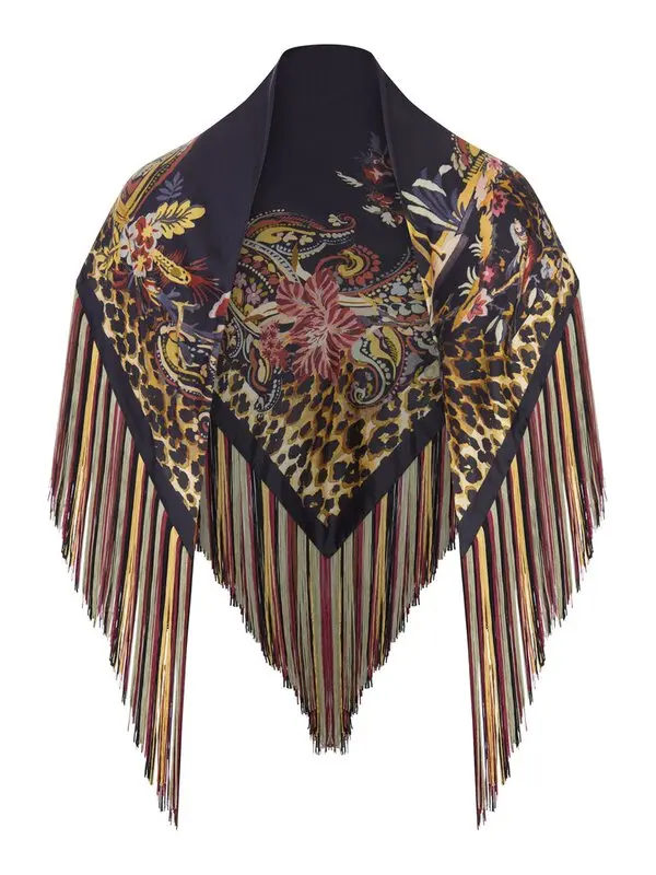 Etro Printed Silk Scarf With Multicolored Fringe - Black