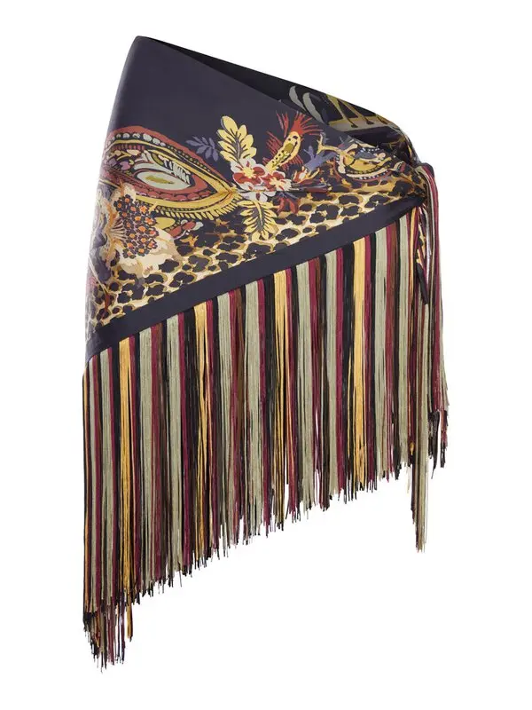 Etro Printed Silk Scarf With Multicolored Fringe - Black