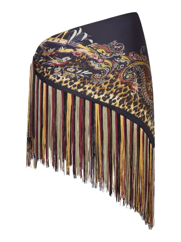 Etro Printed Silk Scarf With Multicolored Fringe - Black