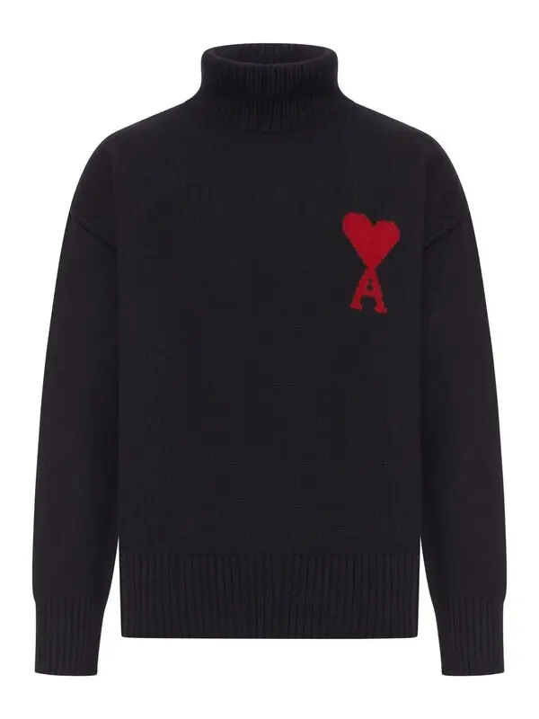 AMI Paris Wool High Neck Sweater With De Coeur Logo - Black