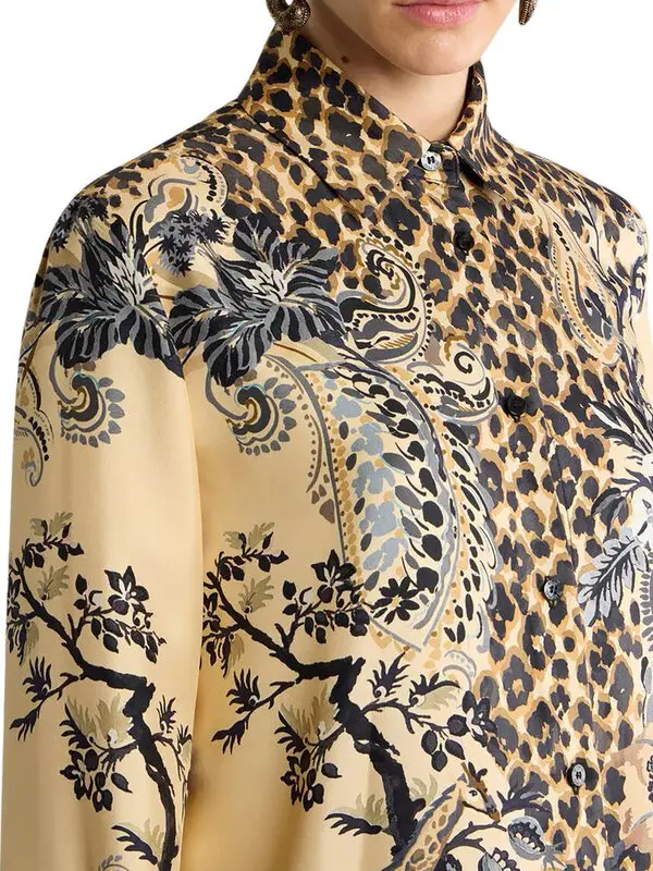 Etro Silk Shirt With Placement Leopard And Paisley Print - Cream