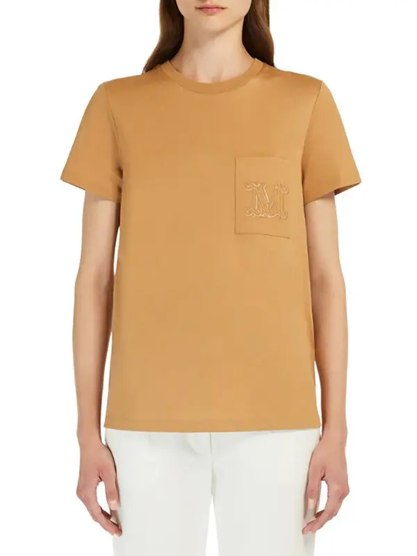 Max Mara Straight-fit Cotton Jersey T-shirt With Embroidered Monogram Pocket - Brown
