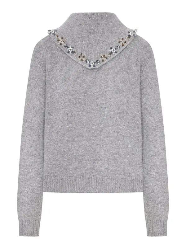 Prada Cashmere Sweater With Embroidered Scarf Detail - Gray