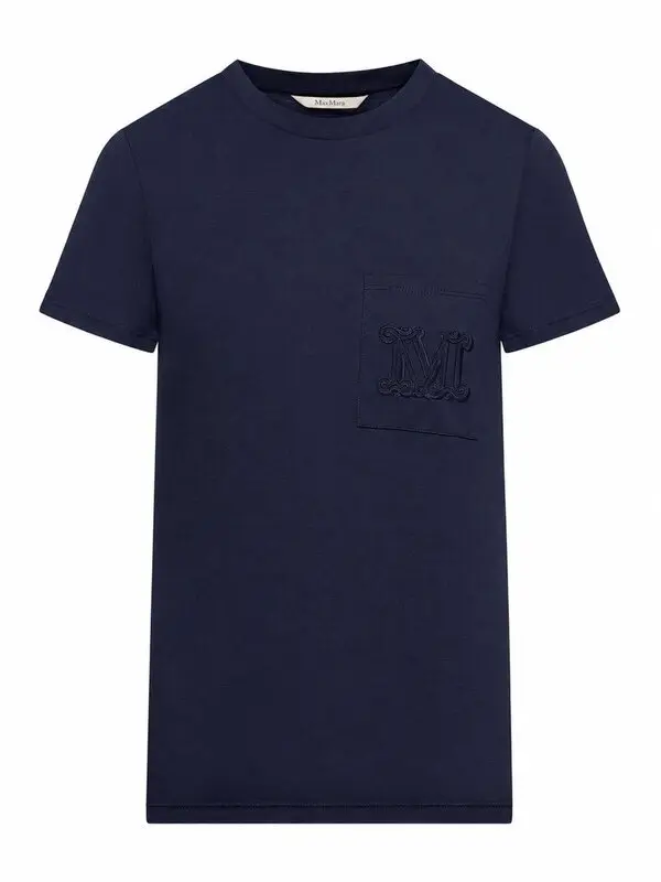 Max Mara Cotton Jersey T-shirt With Embroidered Monogram Pocket - Blue