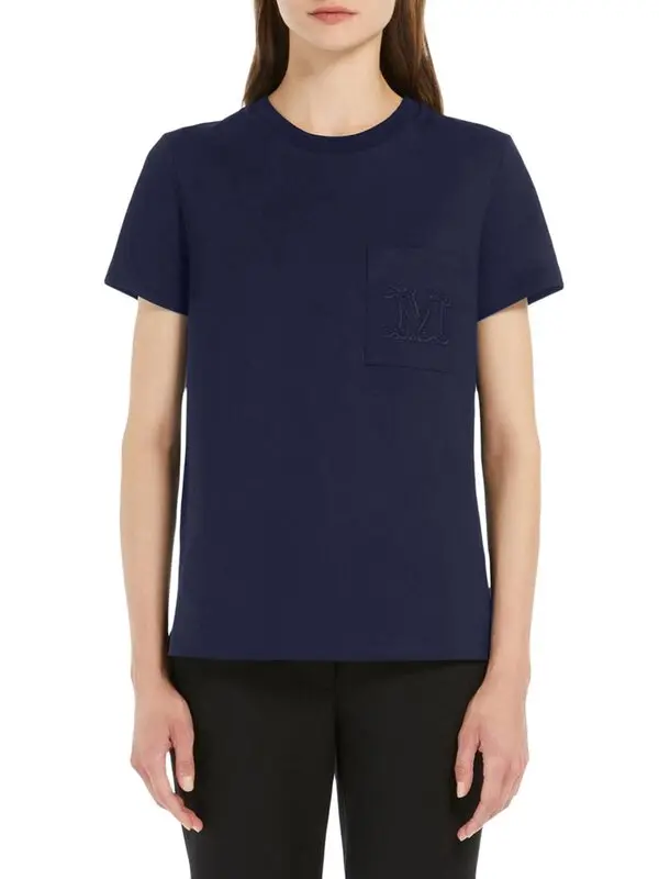 Max Mara Cotton Jersey T-shirt With Embroidered Monogram Pocket - Blue