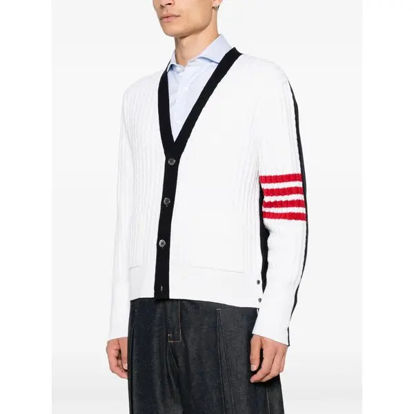 Thom Browne Cable Knit V-neck Cardigan With Signature 4-bar Stripe - White