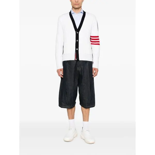 Thom Browne Cable Knit V-neck Cardigan With Signature 4-bar Stripe - White