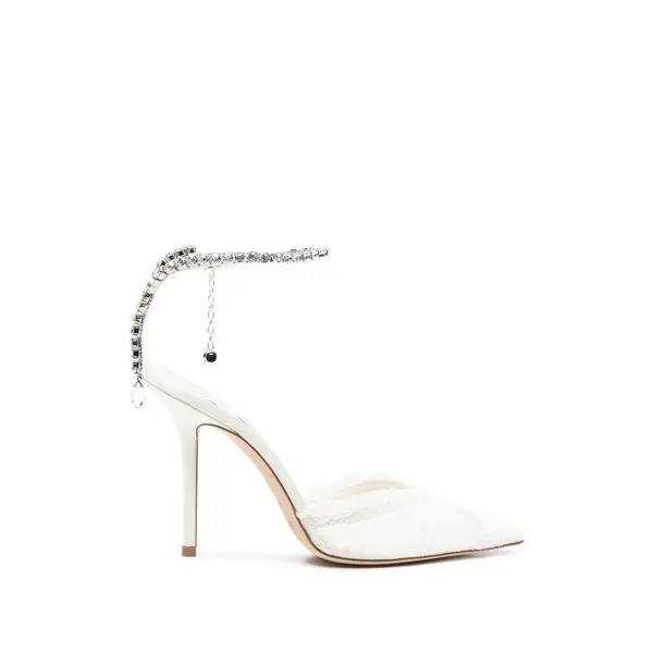 JIMMY CHOO Embellished Lace Pointed Toe Stiletto Heel Shoes - White