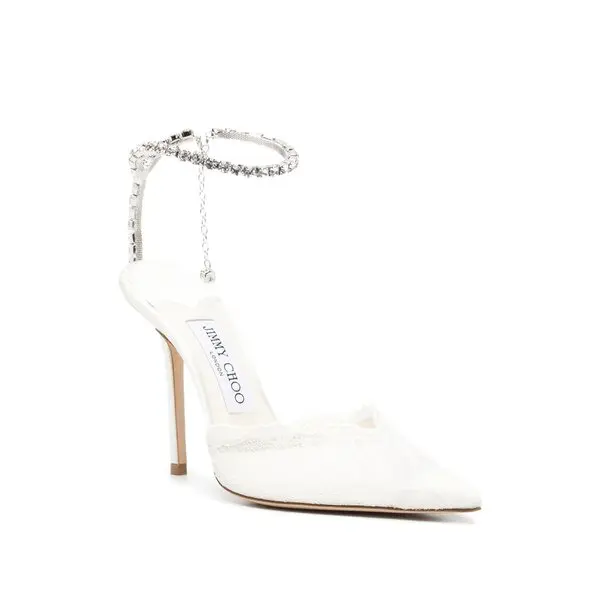 JIMMY CHOO Embellished Lace Pointed Toe Stiletto Heel Shoes - White