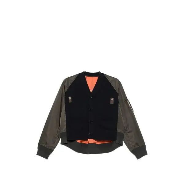 Sacai Paneled V-neck Cardigan With Zip Pocket - Blue