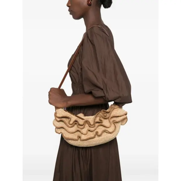 Zimmermann Woven Raffia Shoulder Bag With Ruffled Detailing - Cream