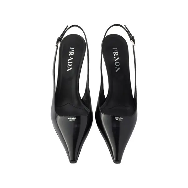 Prada Smooth Calf Leather Slingback Stiletto Heel Shoes - Black