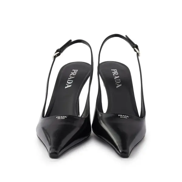 Prada Smooth Calf Leather Slingback Stiletto Heel Shoes - Black