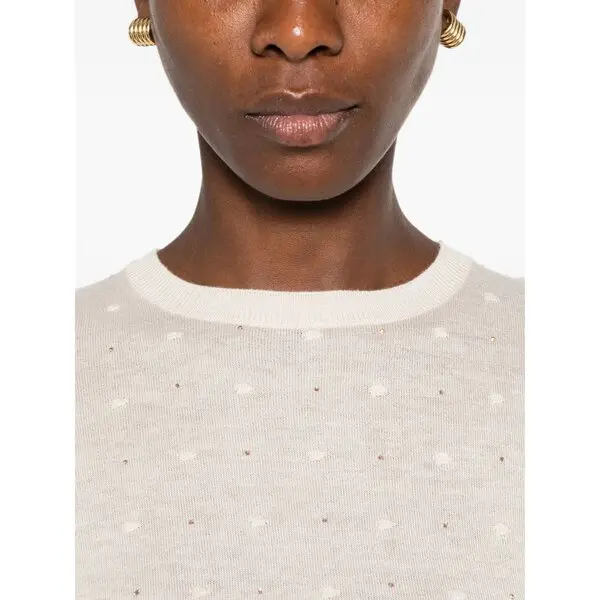 Max Mara Beige Polka-dot Crystal Embellished Long Sleeve Top