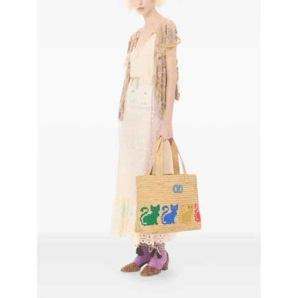 Valentino Garavani Raffia Tote Bag With Cat Print - Cream