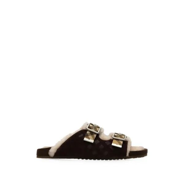 Burberry Embossed Check Shearling Lined Suede Sandals - Brown
